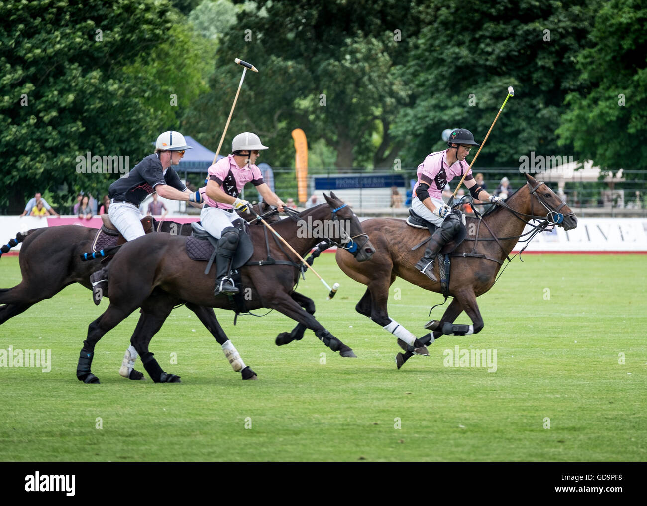 Polo action at the Dallas Burston polo grounds in Southam, Warwickshire ...