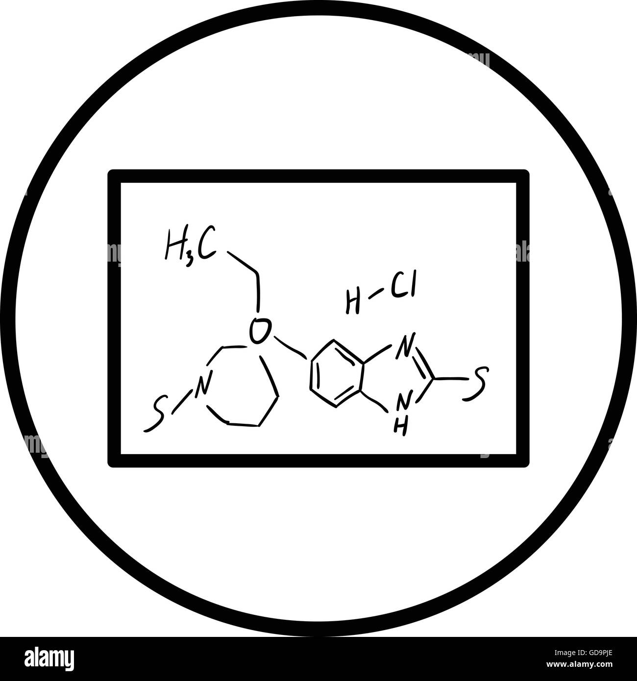 Icon of chemistry formula on classroom blackboard. Thin circle design ...