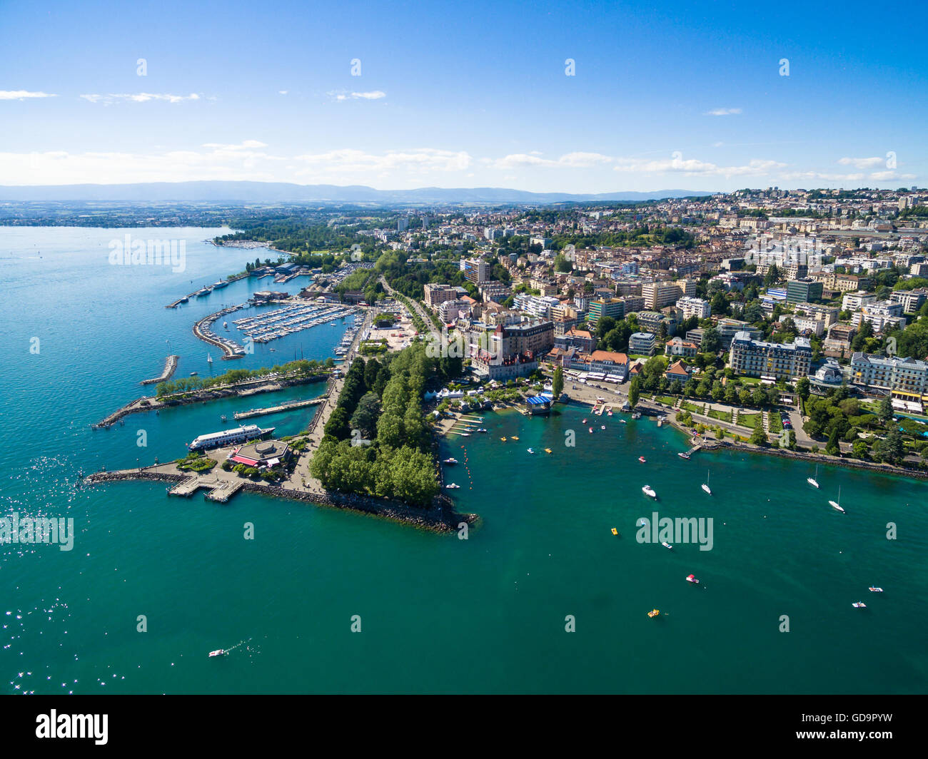 Aerial view of Ouchy waterfront in Lausanne, Switzerland Stock Photo ...