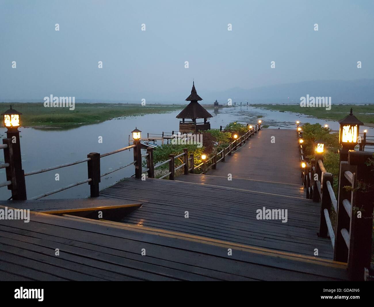 Pier of the Myanmar Treasure Resort, Inle Lake Stock Photo - Alamy