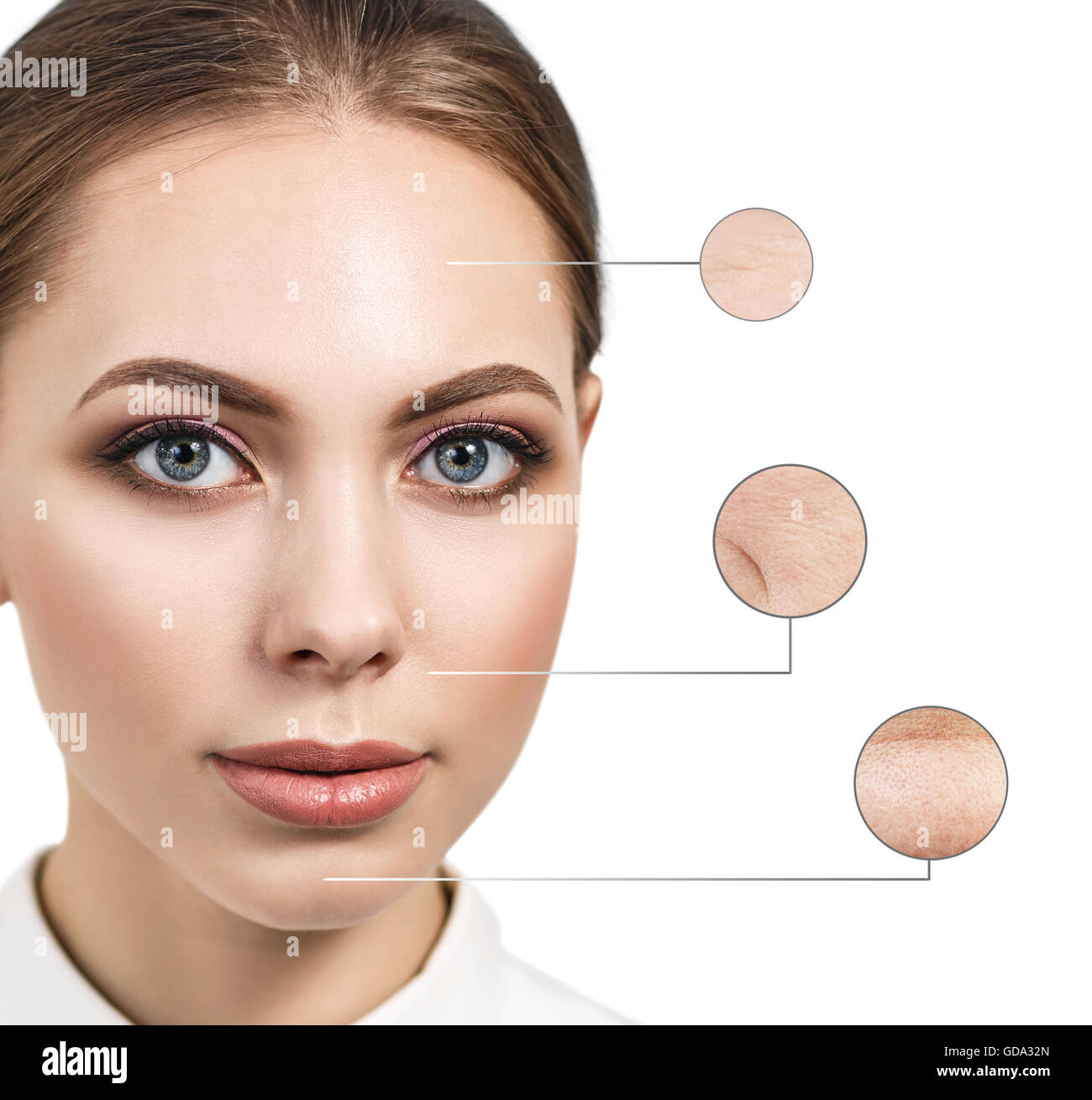 Beautiful young woman face with zoom wrinkles Stock Photo - Alamy