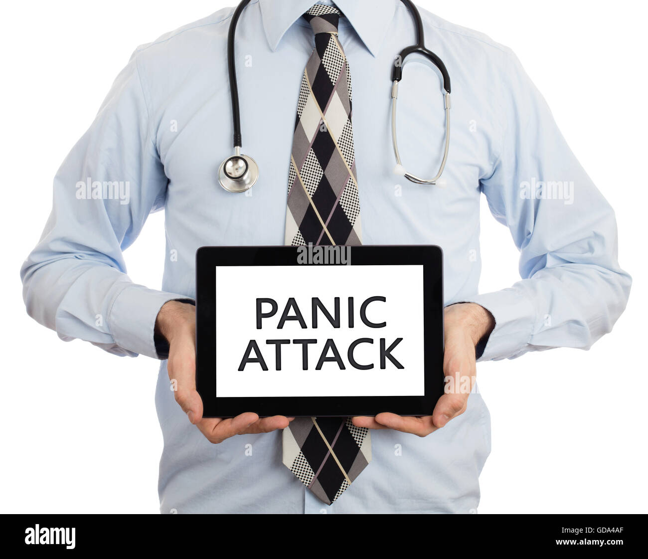 Doctor, isolated on white backgroun, holding digital tablet - Panic ...