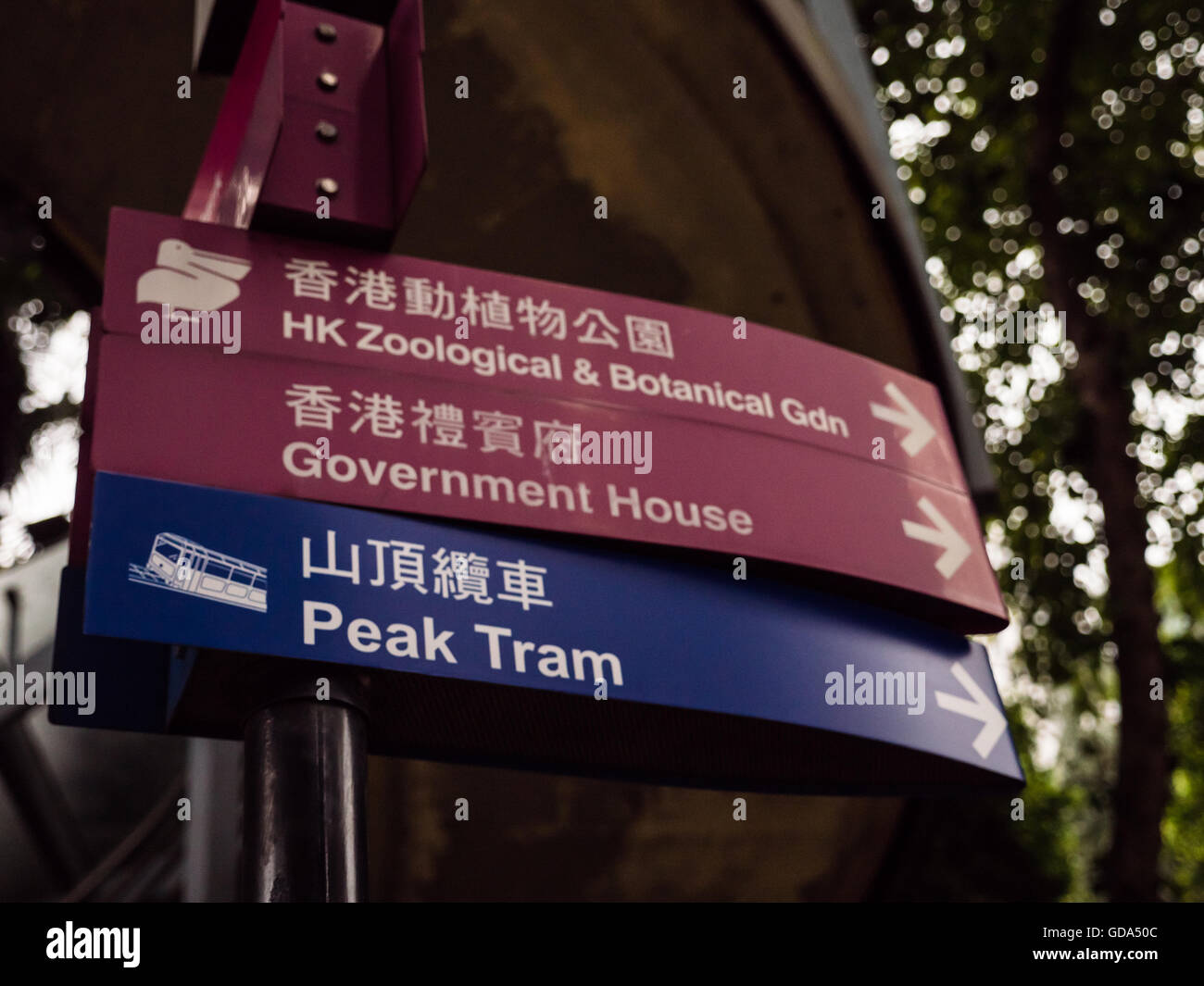 Street direction signs to Peak Tram, Government house Zoological and ...