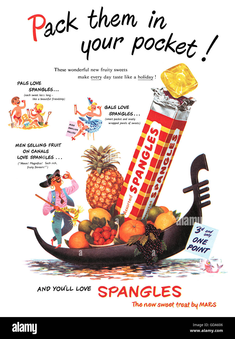 1951 British advertisement for Spangles sweets Stock Photo - Alamy