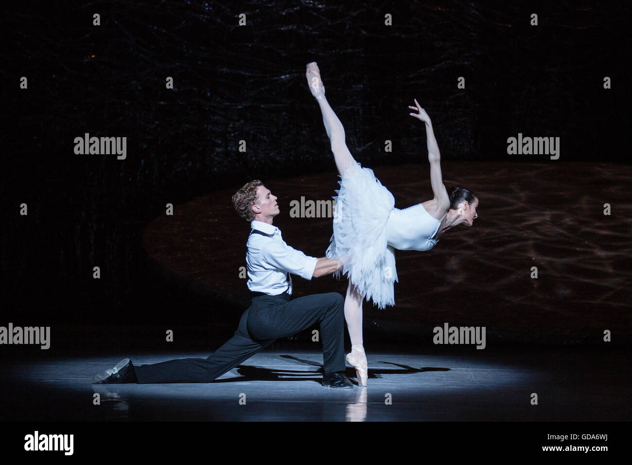 London, UK. 13 July 2016. Amber Scott as Odette and Adam Bull as Prince ...