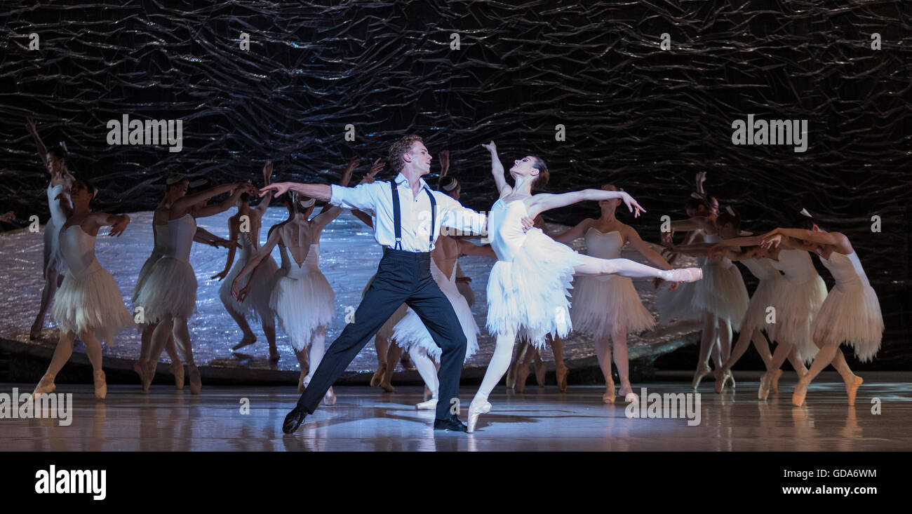 London, UK. 13 July 2016. Amber Scott as Odette and Adam Bull as Prince ...