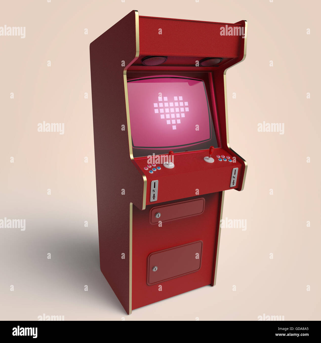 A vintage arcade game machine cabinet with pixel heart icon colorful ...