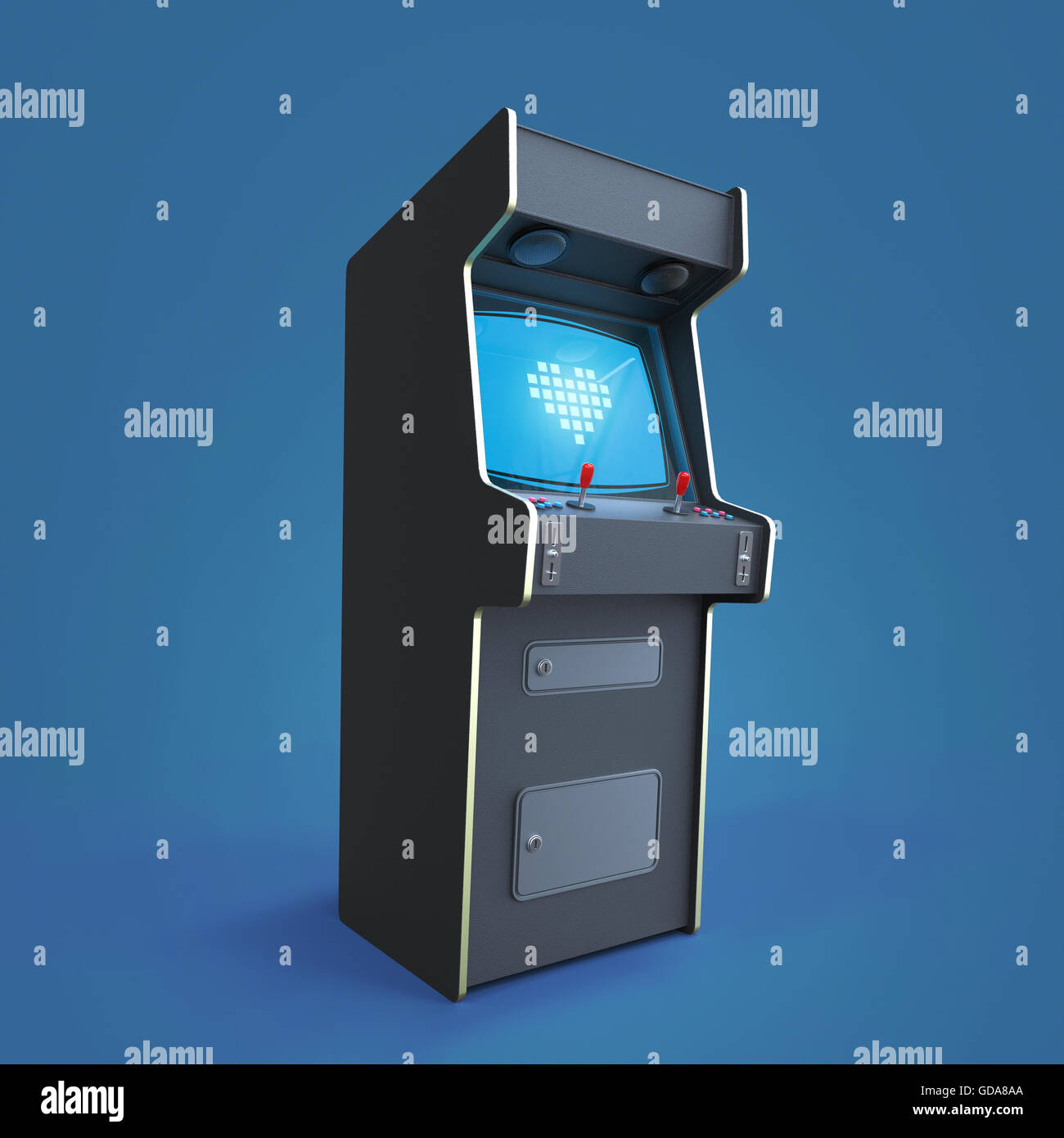 A vintage arcade game machine cabinet with pixel heart icon colorful ...