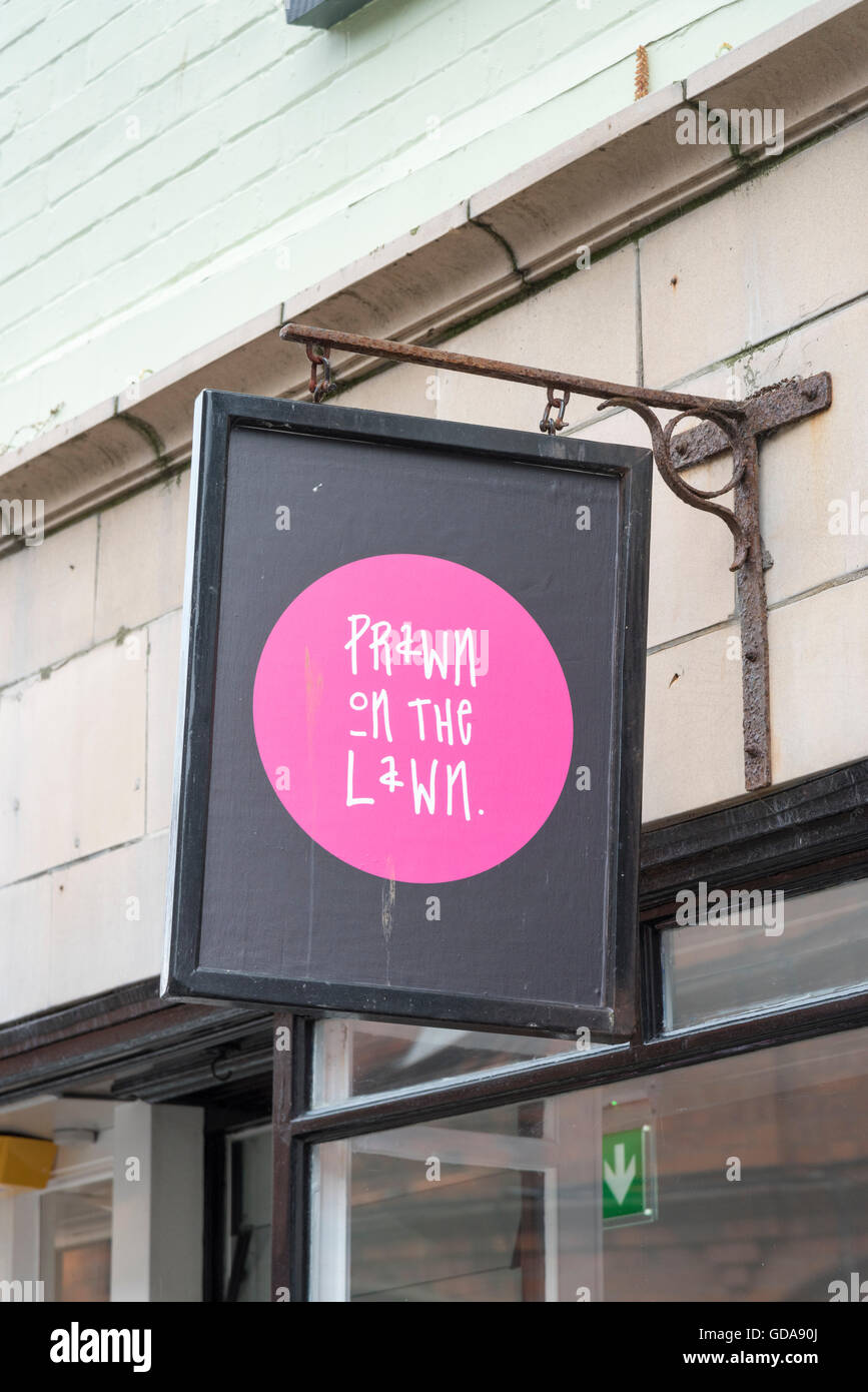 The Prawn on the Lawn fish restaurant and fish shop sign in Padstow ...