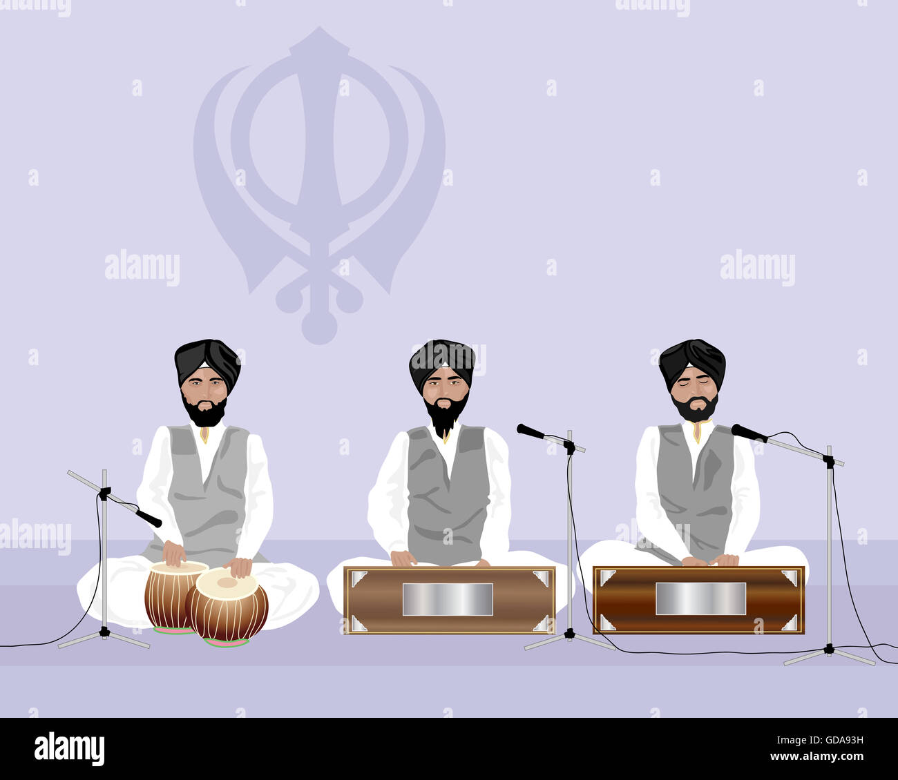 an illustration of Sikh musicians playing at a temple with Sikh symbol ...