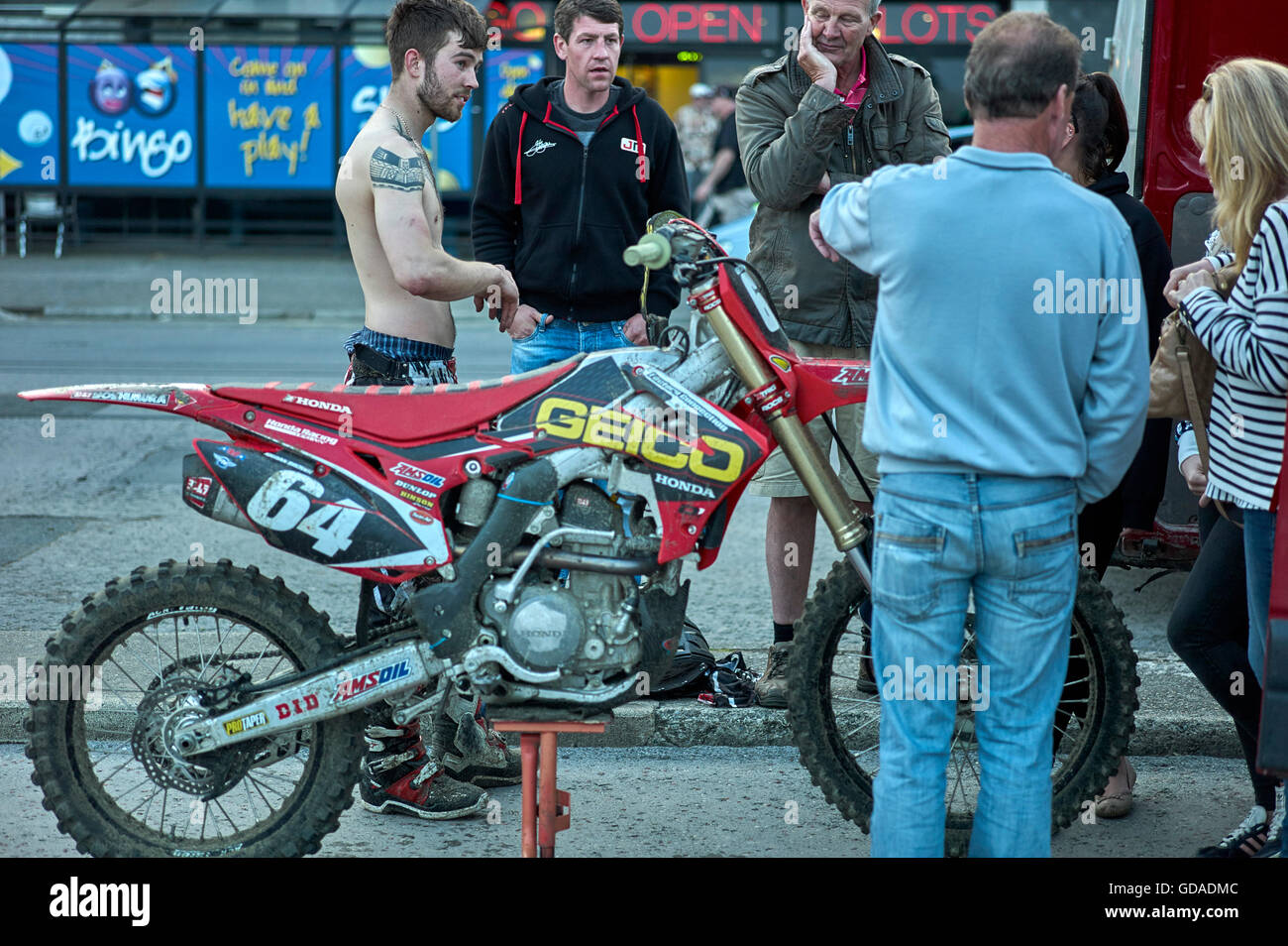 Off road biker after competing in a race, Douglas, Isle of Man Stock ...