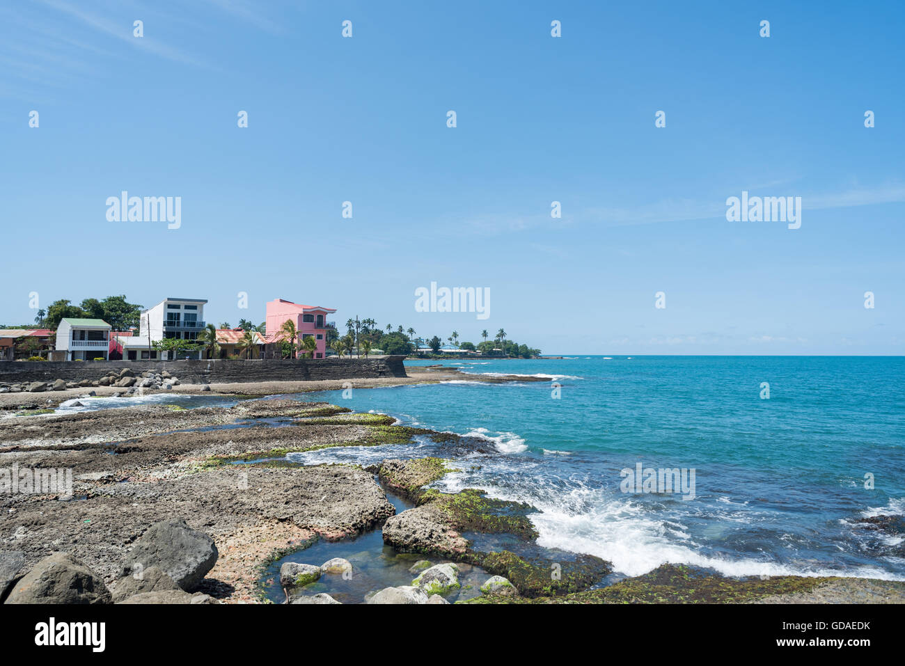 Costa Rica, Limón, Limón, sea view and on a pink house in the town of ...