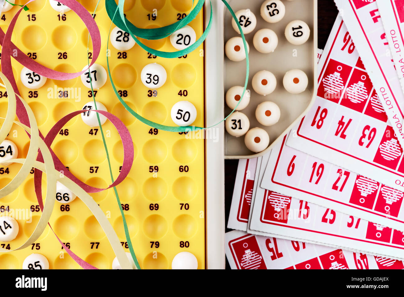 Bingo game with cards to play and serpentines. Horizontal image viewed ...