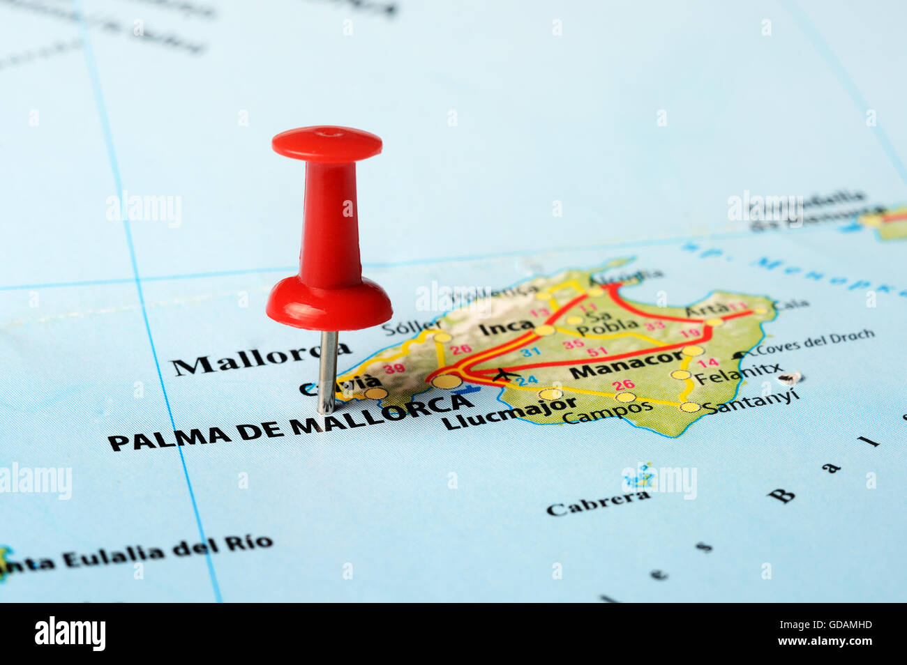 Close up of Palma de Majorca, Spain map with red pin Stock Photo - Alamy