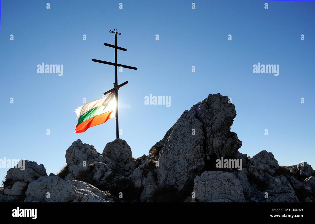 Bulgarian national flag tied on a cross on mountain Stock Photo - Alamy