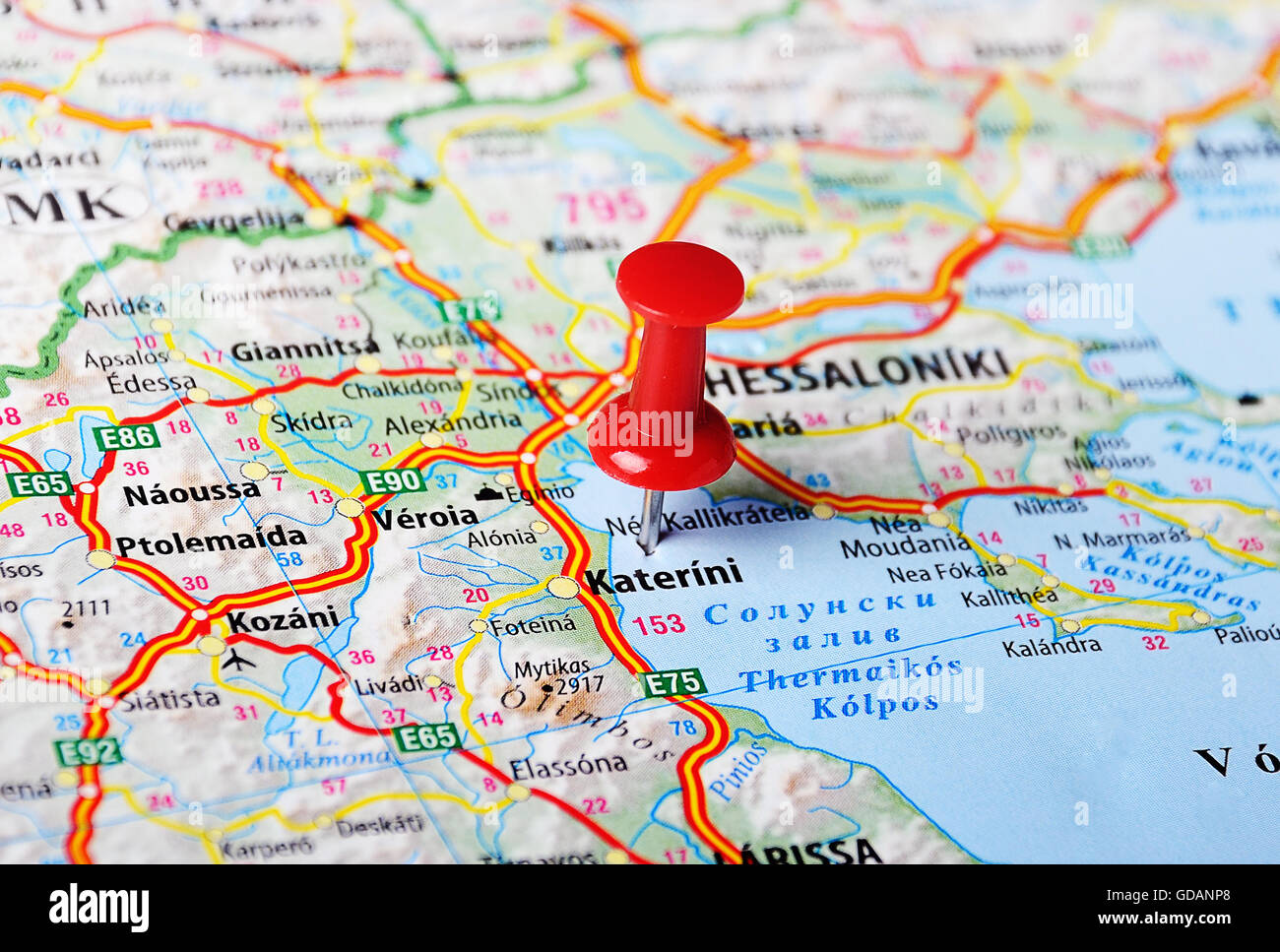 Close up of Katerini Greece map with red pin - Travel concept Stock ...