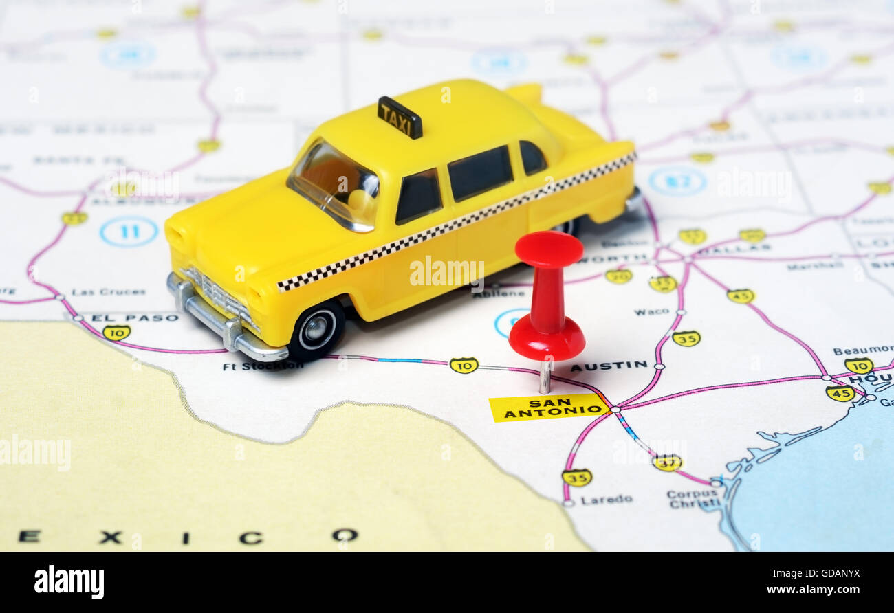 Close up of San Antonio Texas USA map with red pin and taxi toy ...