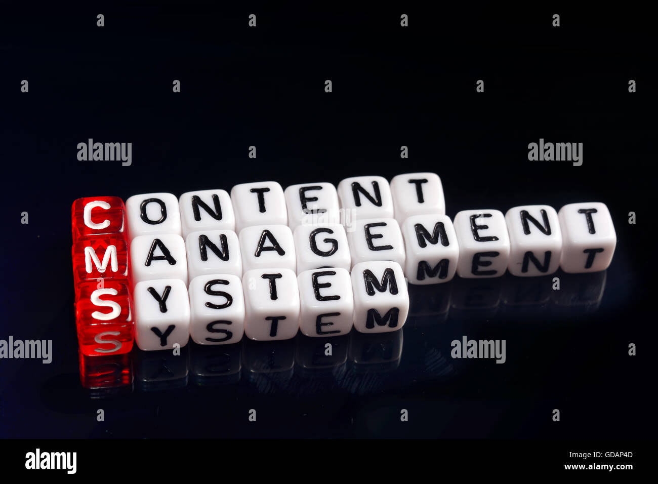 CMS Content Management System written on dices on black background ...