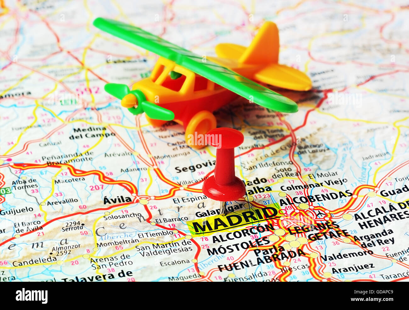 Close up of Madrid ,Spain map red pin and airplane toy - Travel concept ...