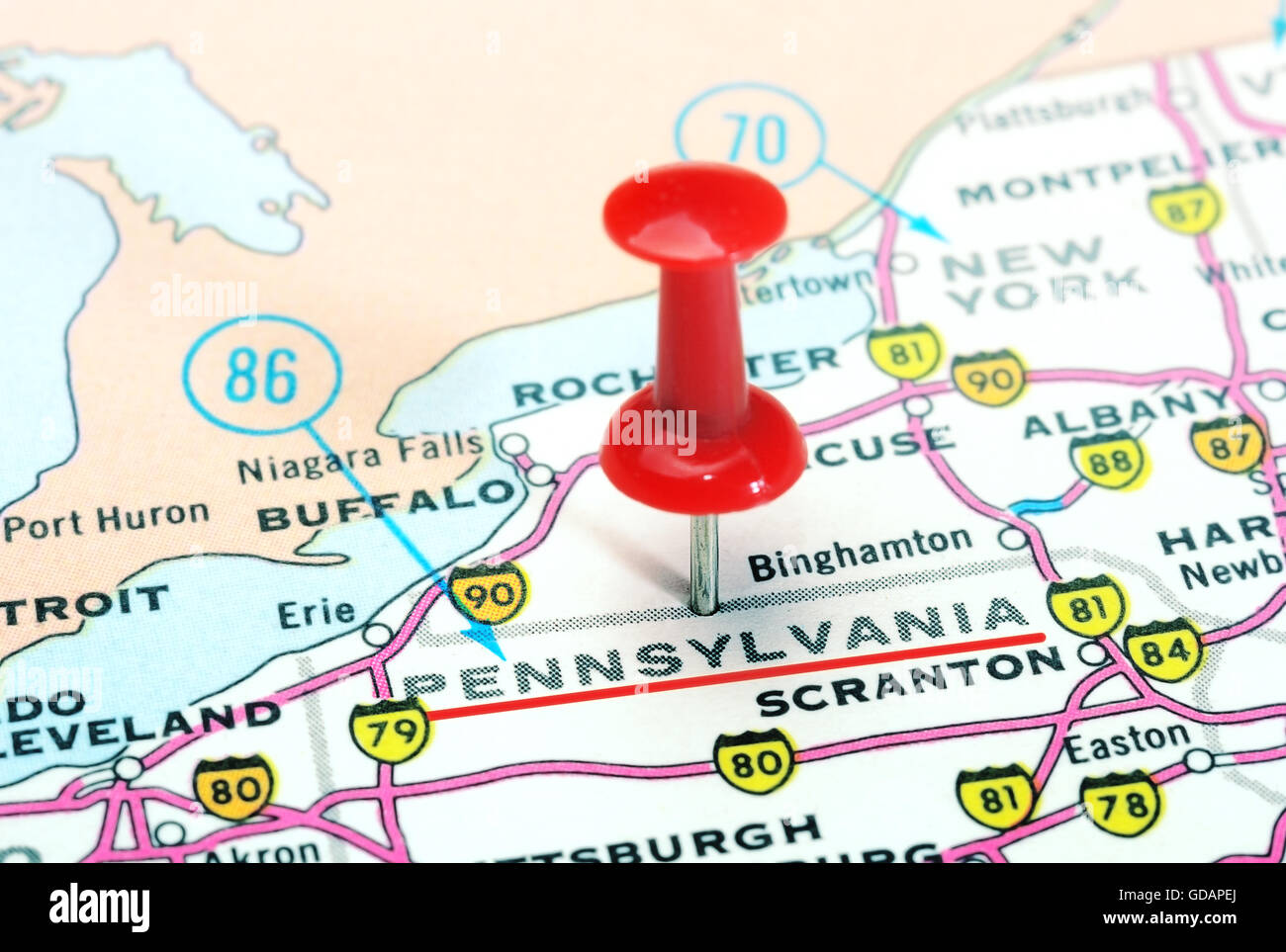 Close up of Pennsylvania state USA map with red pin - Travel concept ...
