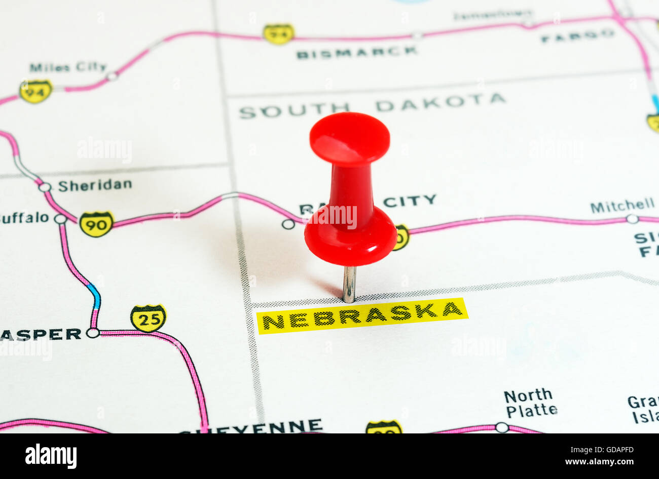 Close up of Nebraska state USA map with red pin - Travel concept Stock ...