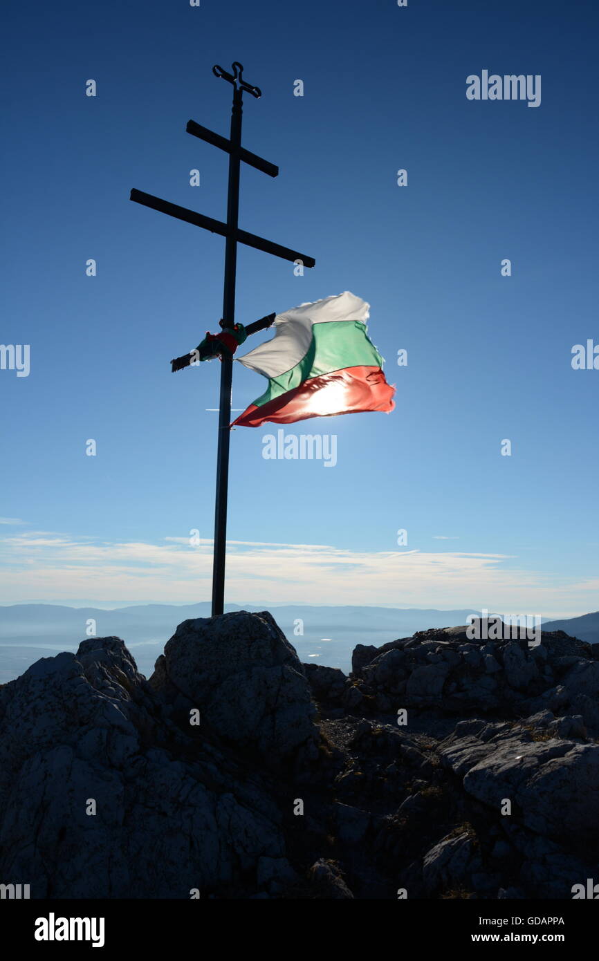 Bulgarian national flag tied on a cross on mountain Stock Photo - Alamy