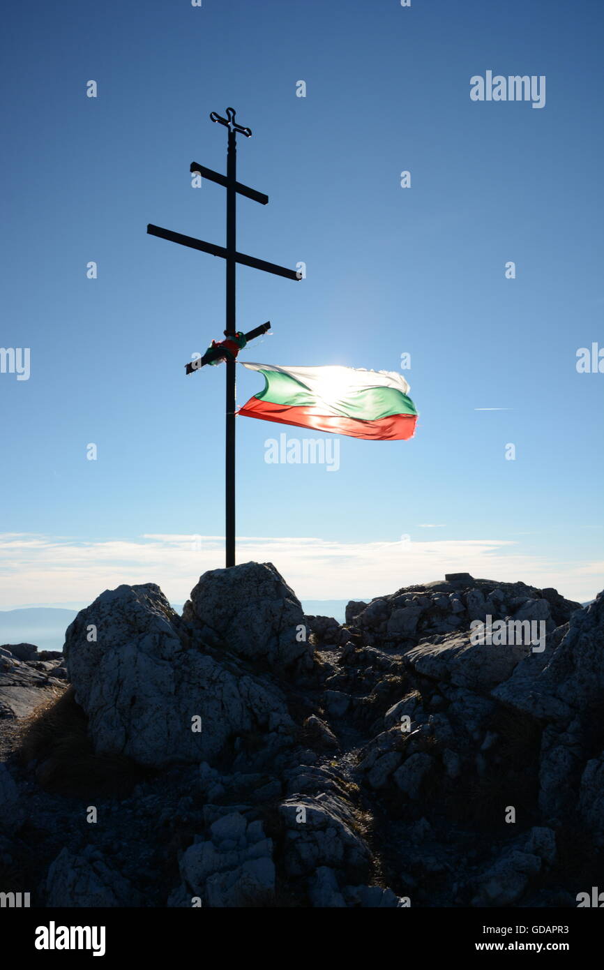 Bulgarian national flag tied on a cross on mountain Stock Photo - Alamy