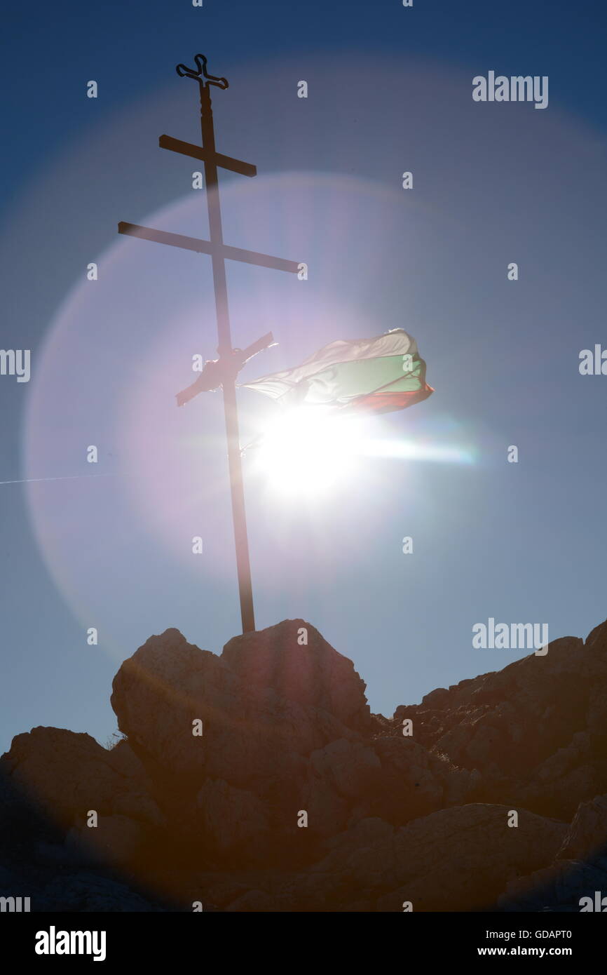 Bulgarian national flag tied on a cross on mountain Stock Photo - Alamy