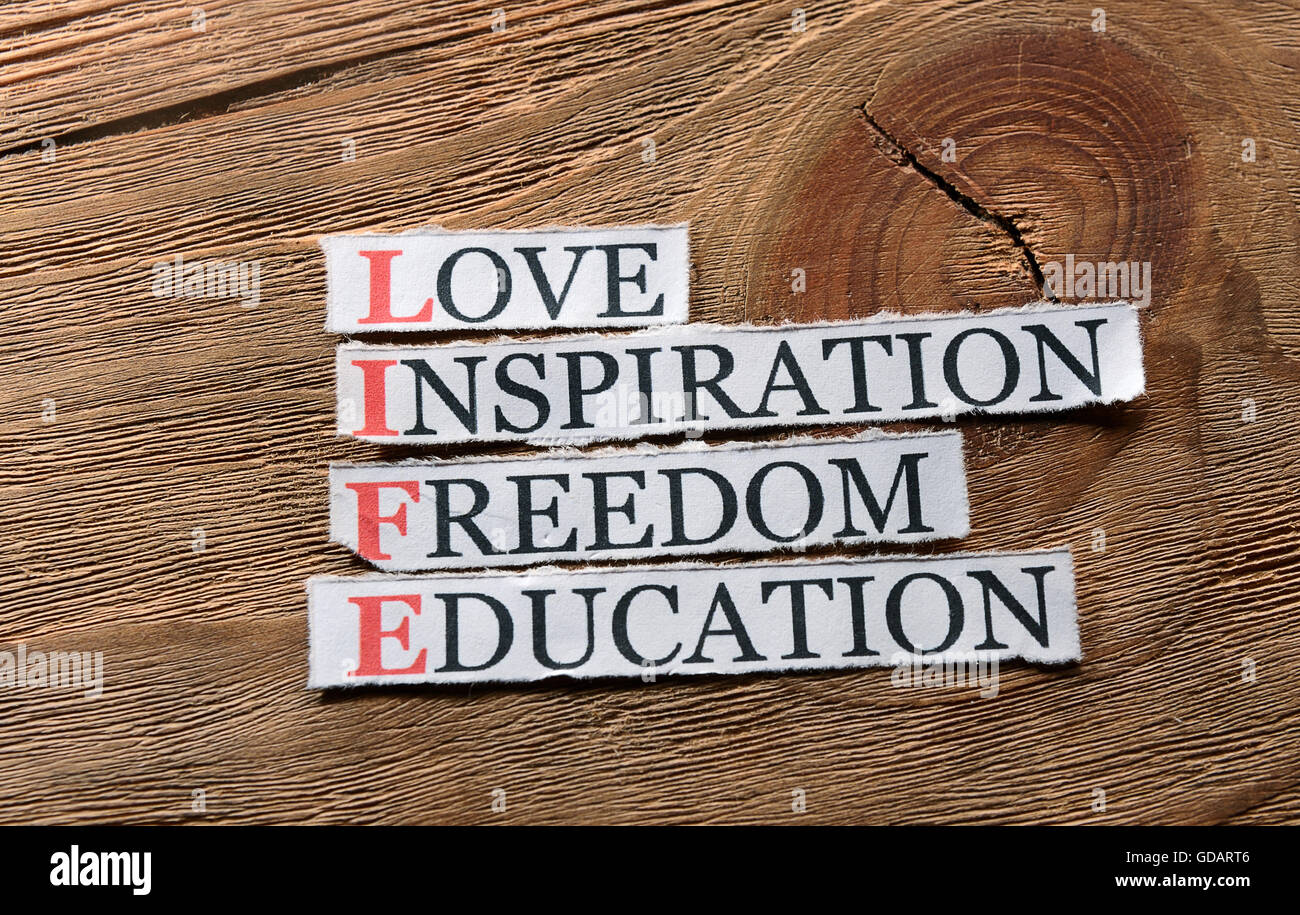 life acronym concept , words on cut paper on wood Stock Photo - Alamy