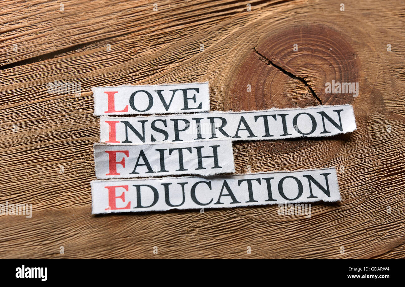 life acronym concept , words on cut paper on wood Stock Photo - Alamy