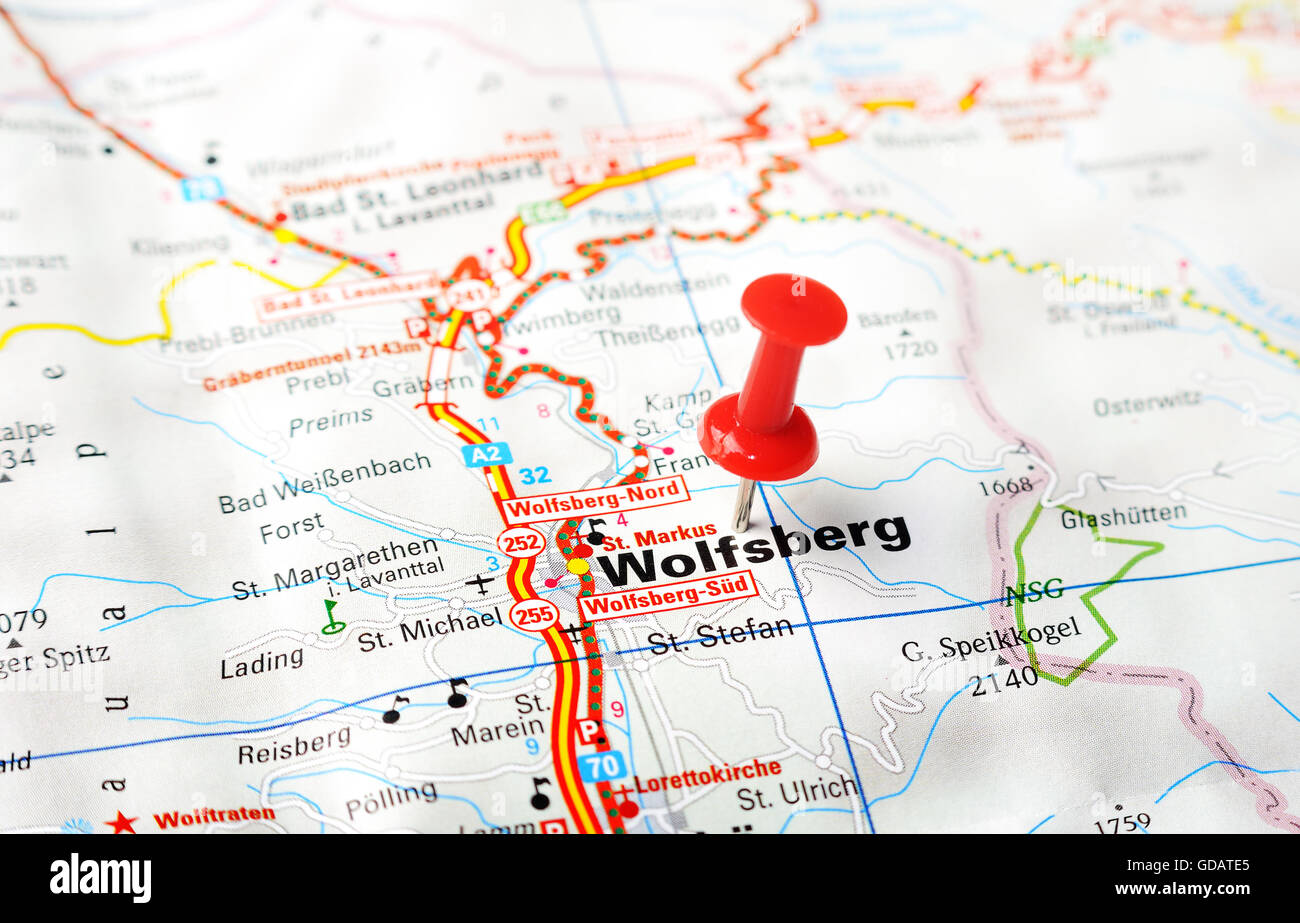 Close up of Wolfsberg , Austria map with red pin - Travel concept Stock ...