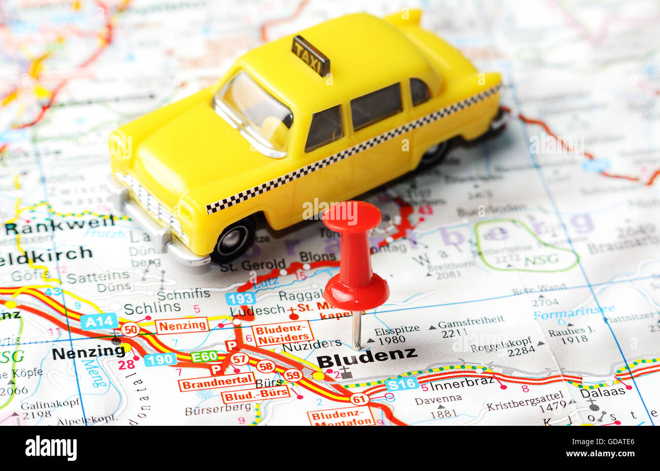 Close up of Wien , Austria map with red pin and a taxi - Travel concept ...