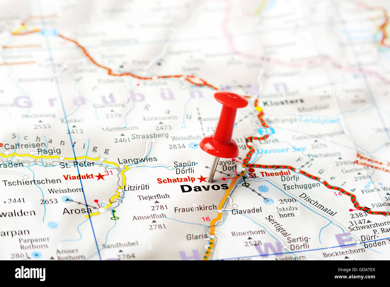 Close up of Davos ,Swiss map with red pin - Travel concept Stock Photo ...