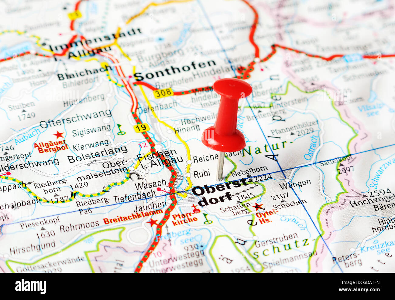 Close up of Oberstdorf , Austria map with red pin - Travel concept ...