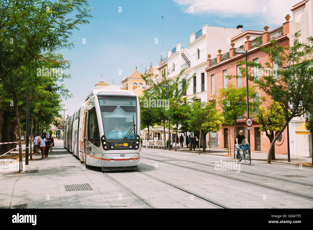 Seville, Spain - June 24, 2015: Modern tram Tussam on the line Stock ...