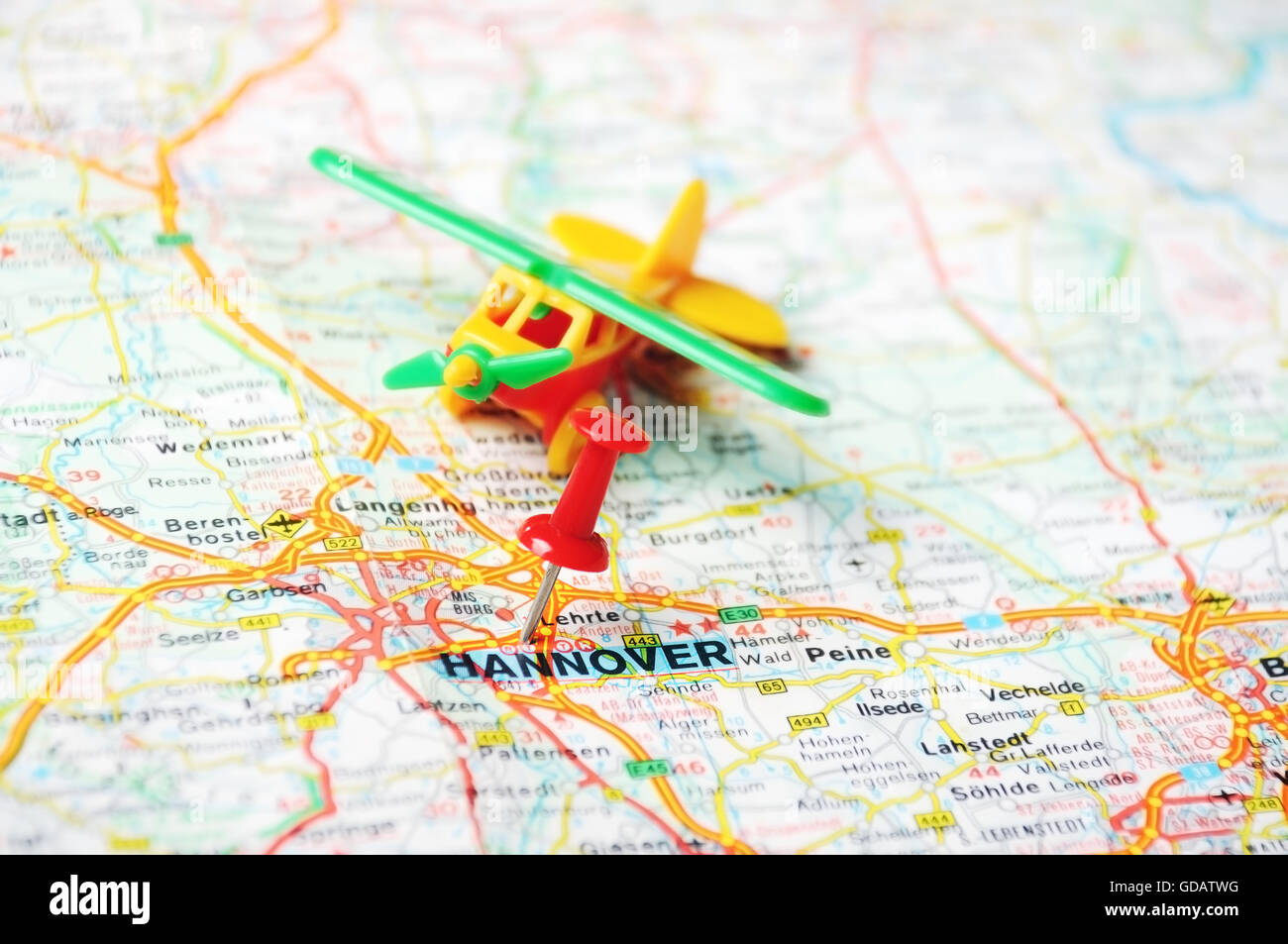 Close up of Hannover map with red pin and airplane - Travel concept ...