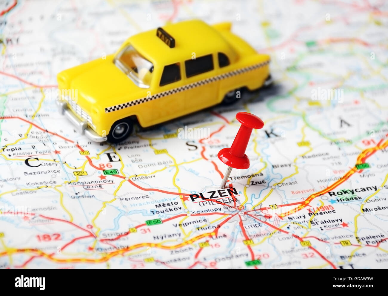 Close up of Pilsen, Czech Republic map with red pin and a taxi - Travel ...
