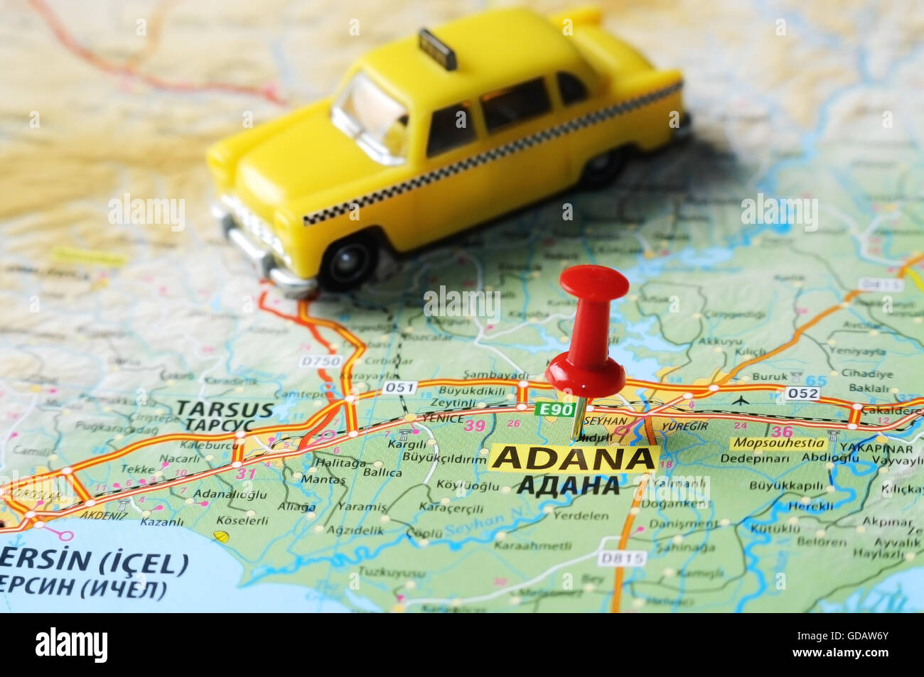 Close up of Adana ,Turkey map with red pin and a taxi - Travel concept ...