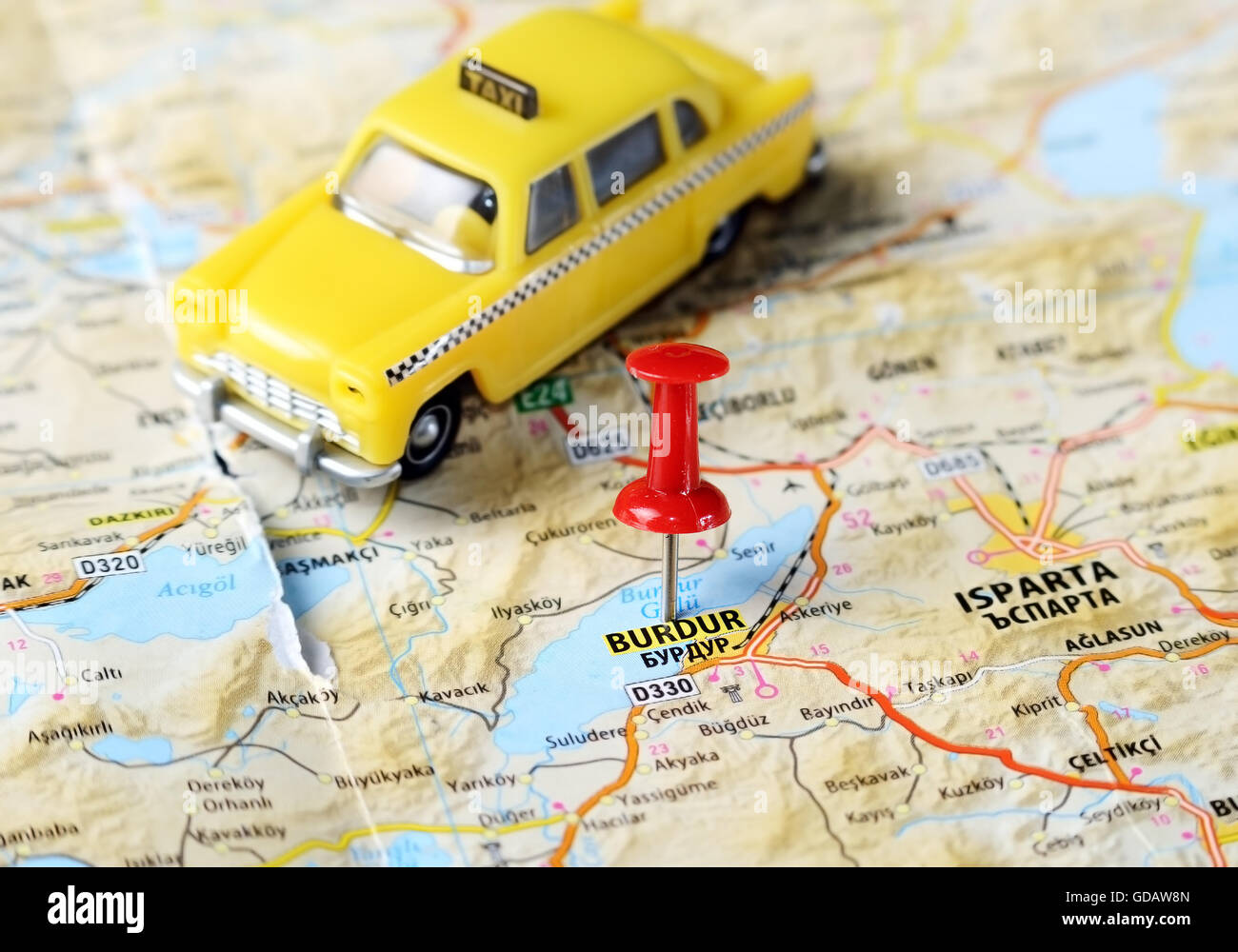 Close up of Burdur ,Turkey map with red pin and a taxi - Travel concept ...