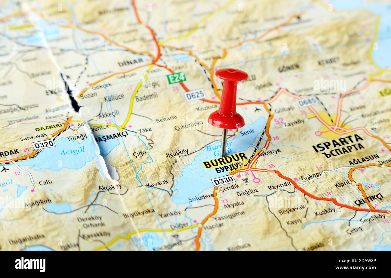 Close up of Burdur ,Turkey map with red pin - Travel concept Stock Photo - Alamy