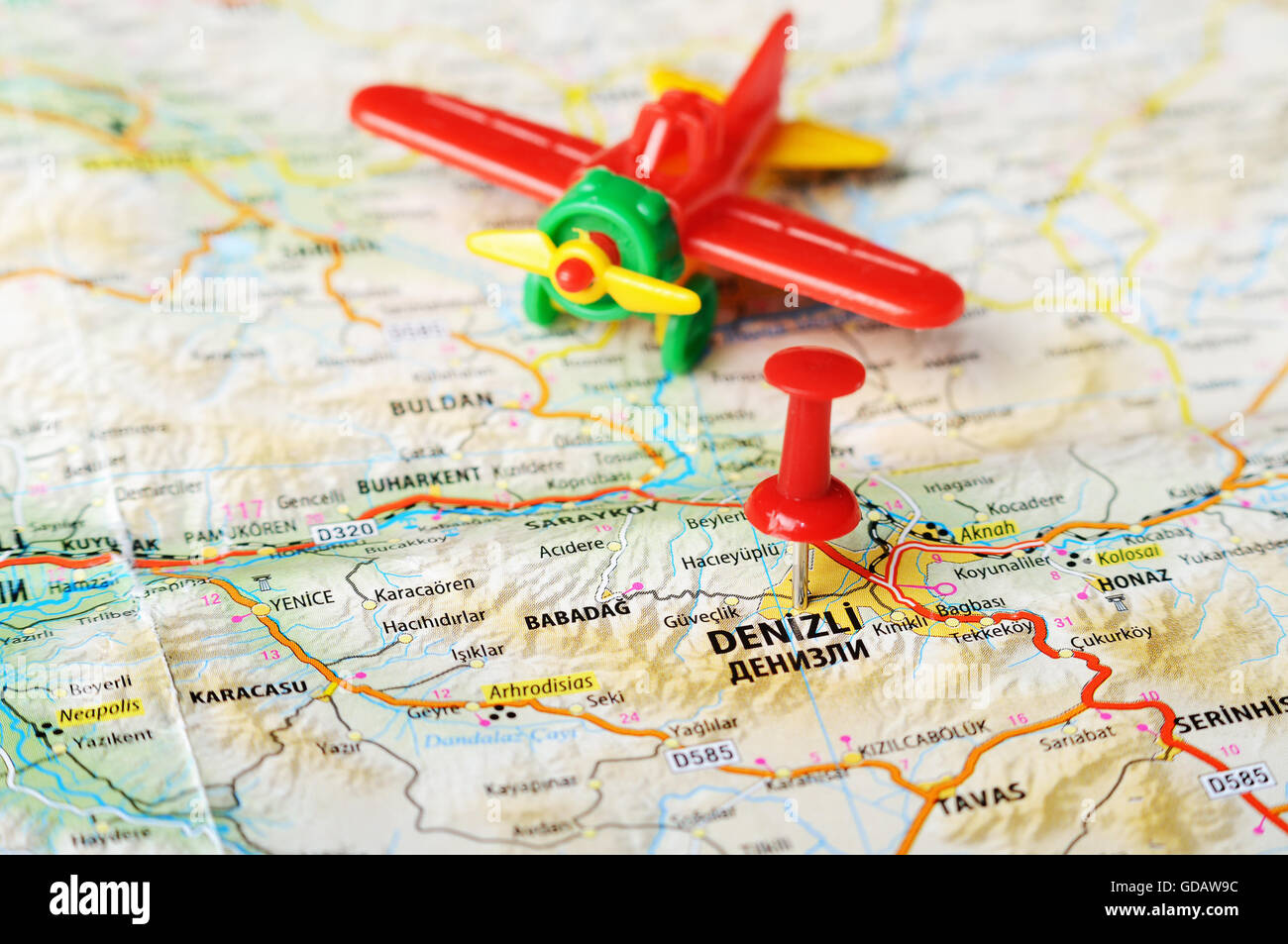 Close up of Denizli ,Turkey map with red pin and airplane - Travel ...