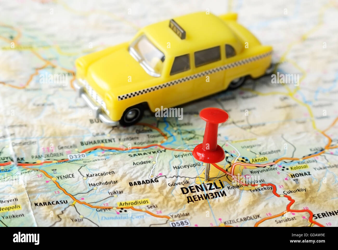 Close up of Denizli ,Turkey map with red pin and a taxi - Travel ...