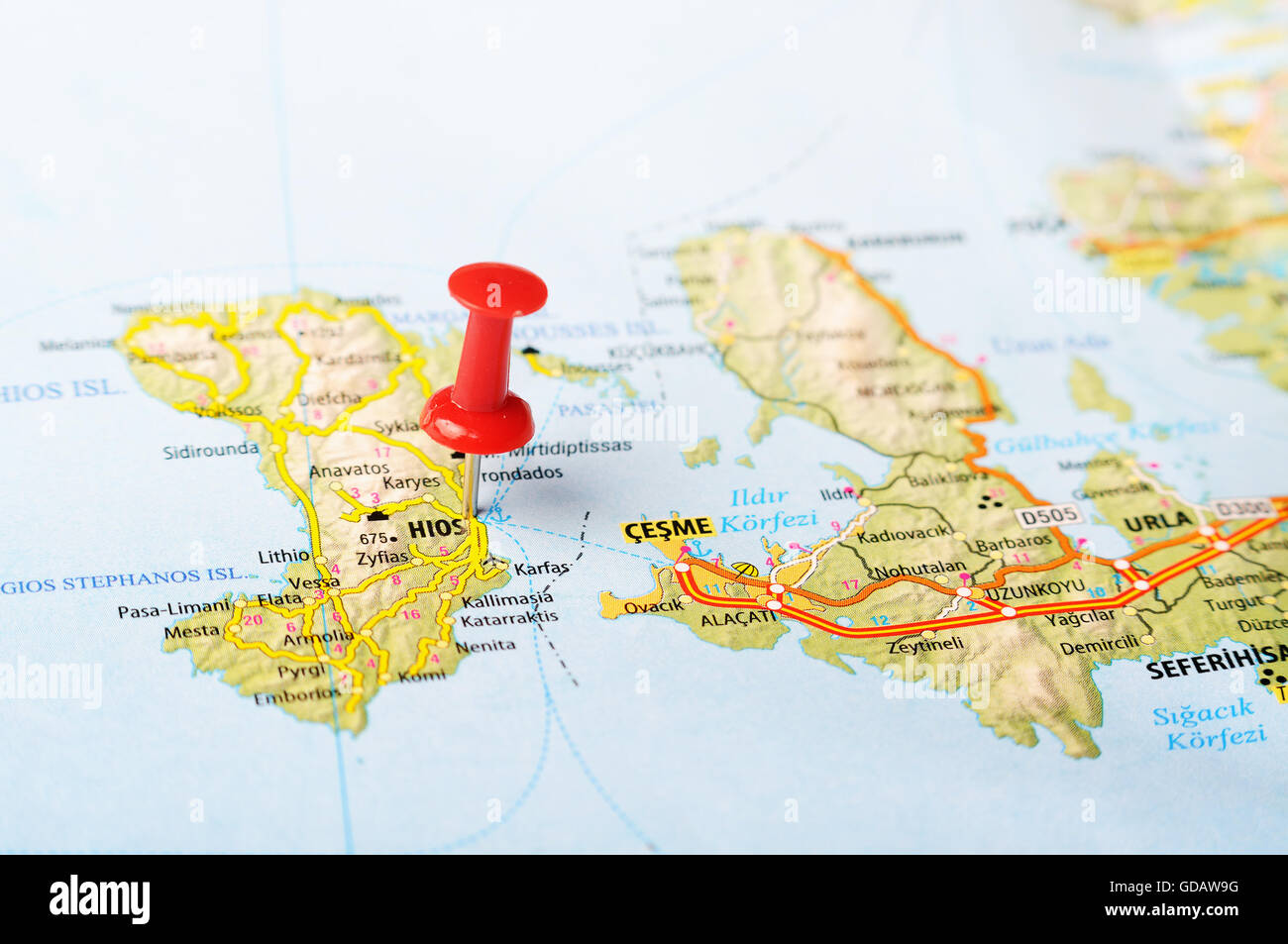 Close up of Hios island Greece map with red pin - Travel concept Stock ...