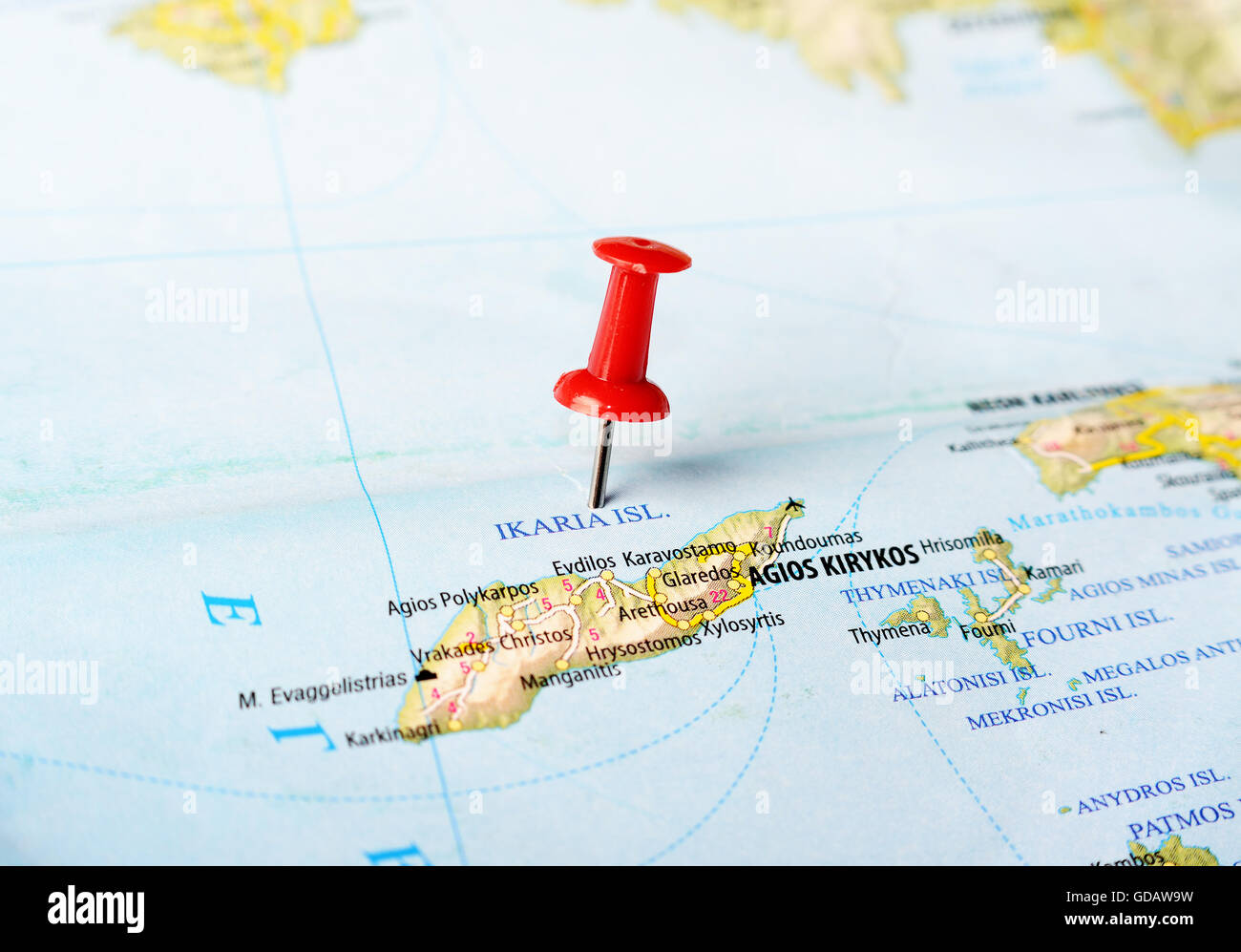 Close up of Ikaria island Greece map with red pin - Travel concept ...