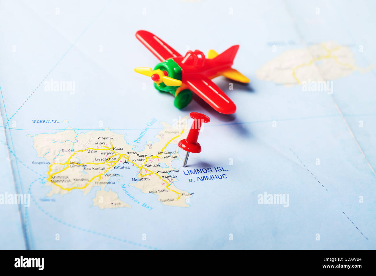 Close up of Limnos island Greece map with red pin and airplane - Travel ...