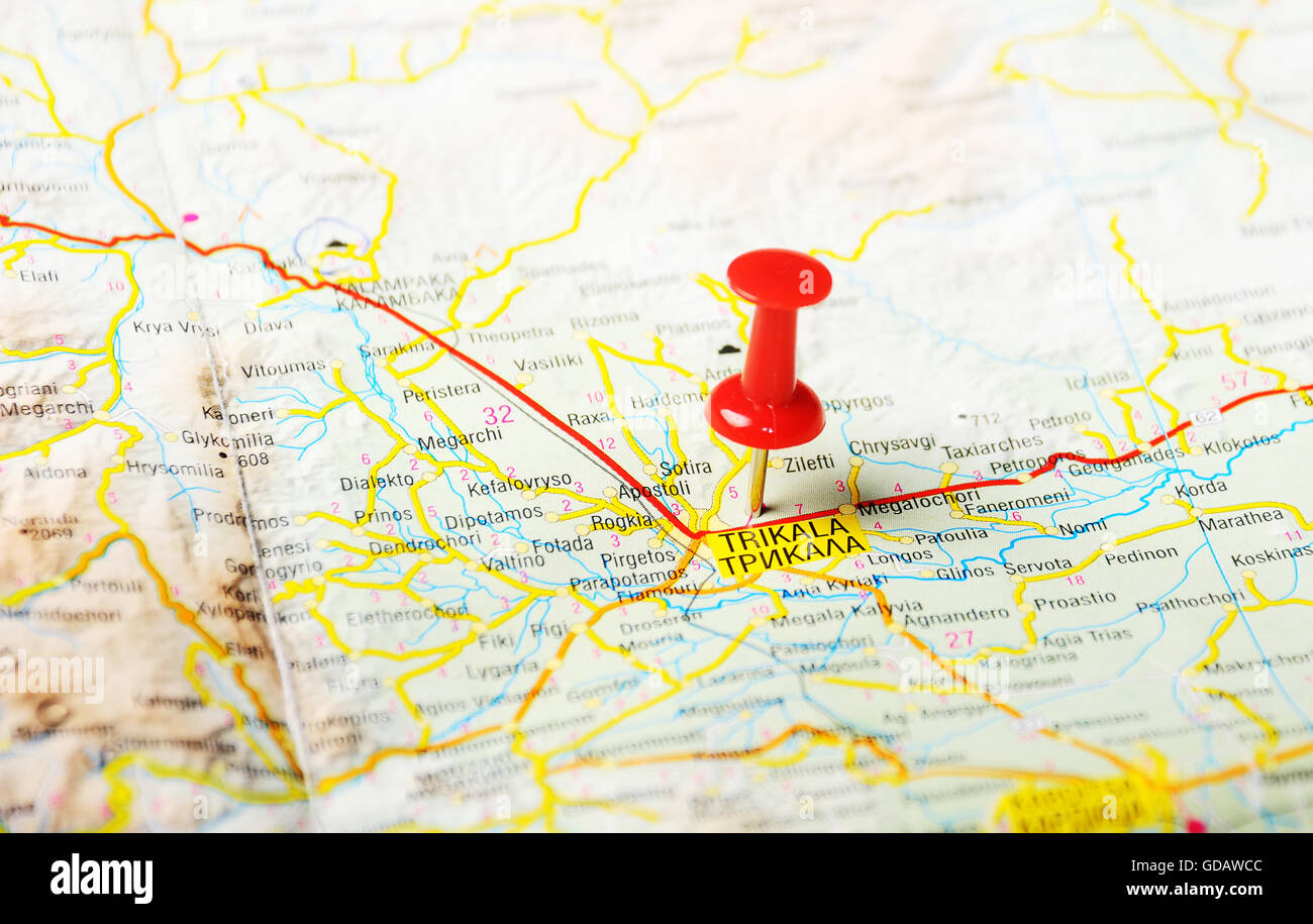 Close up of Trikala Greece map with red pin - Travel concept Stock ...