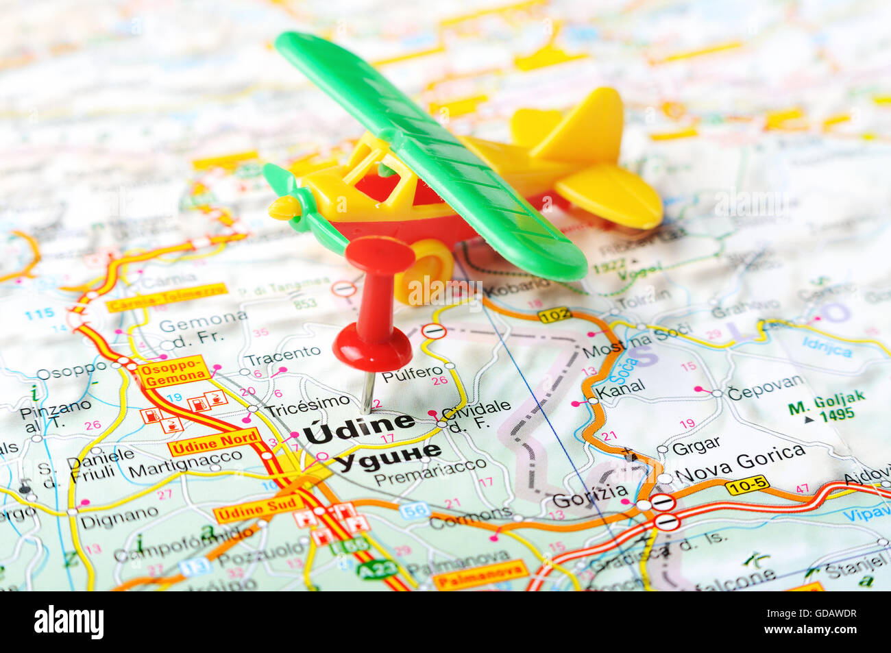 Close up of Udine , Italy map with red pin and airplane - Travel ...
