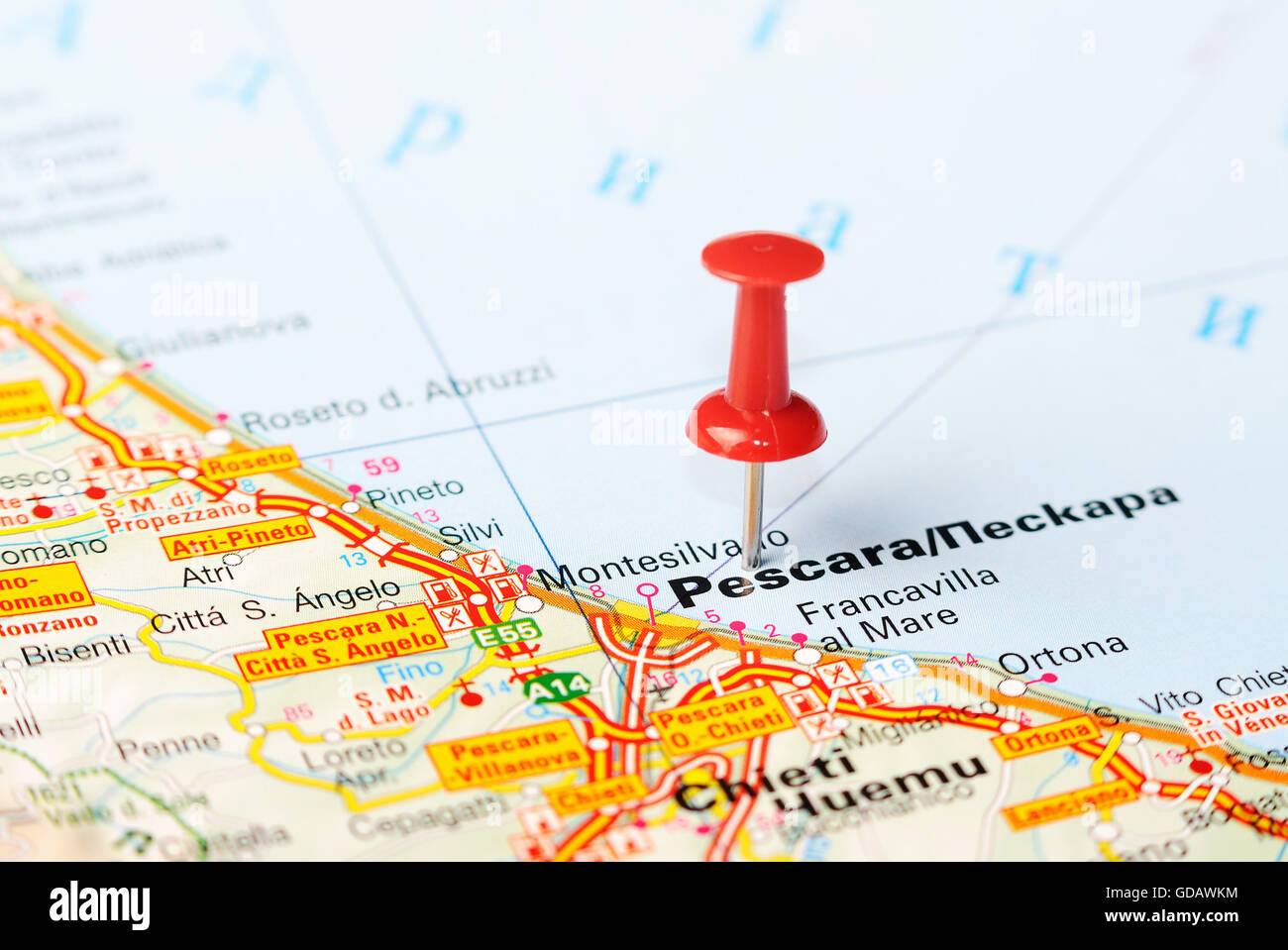 Close up of Pescara , Italy map with red pin - Travel concept Stock ...
