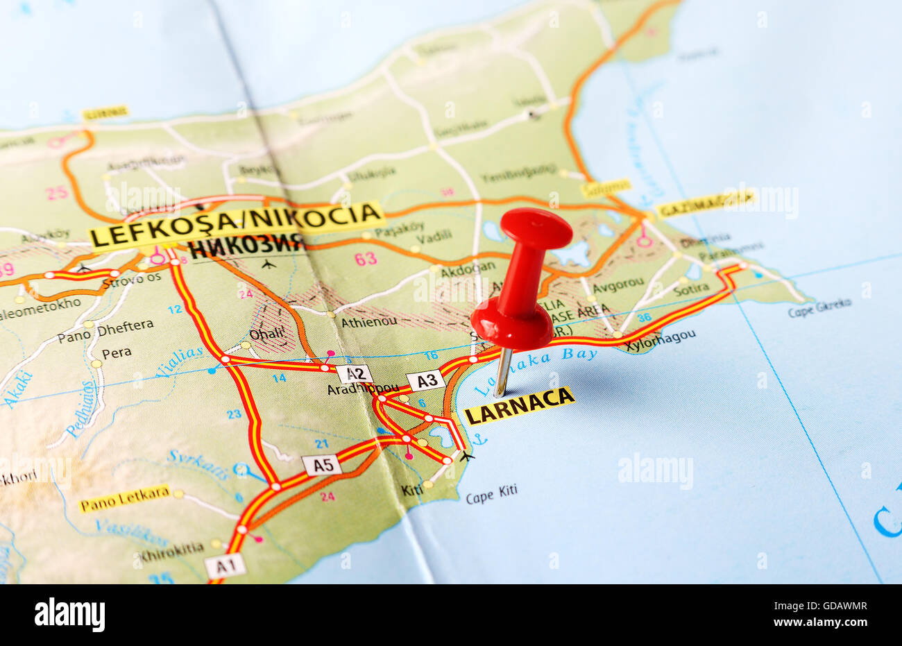 Close up of Larnaca, Cyprus map with red pin - Travel concept Stock Photo - Alamy