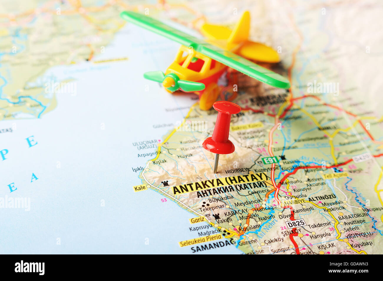 Close up of Antakya Hatay ,Turkey map with red pin and airplane ...